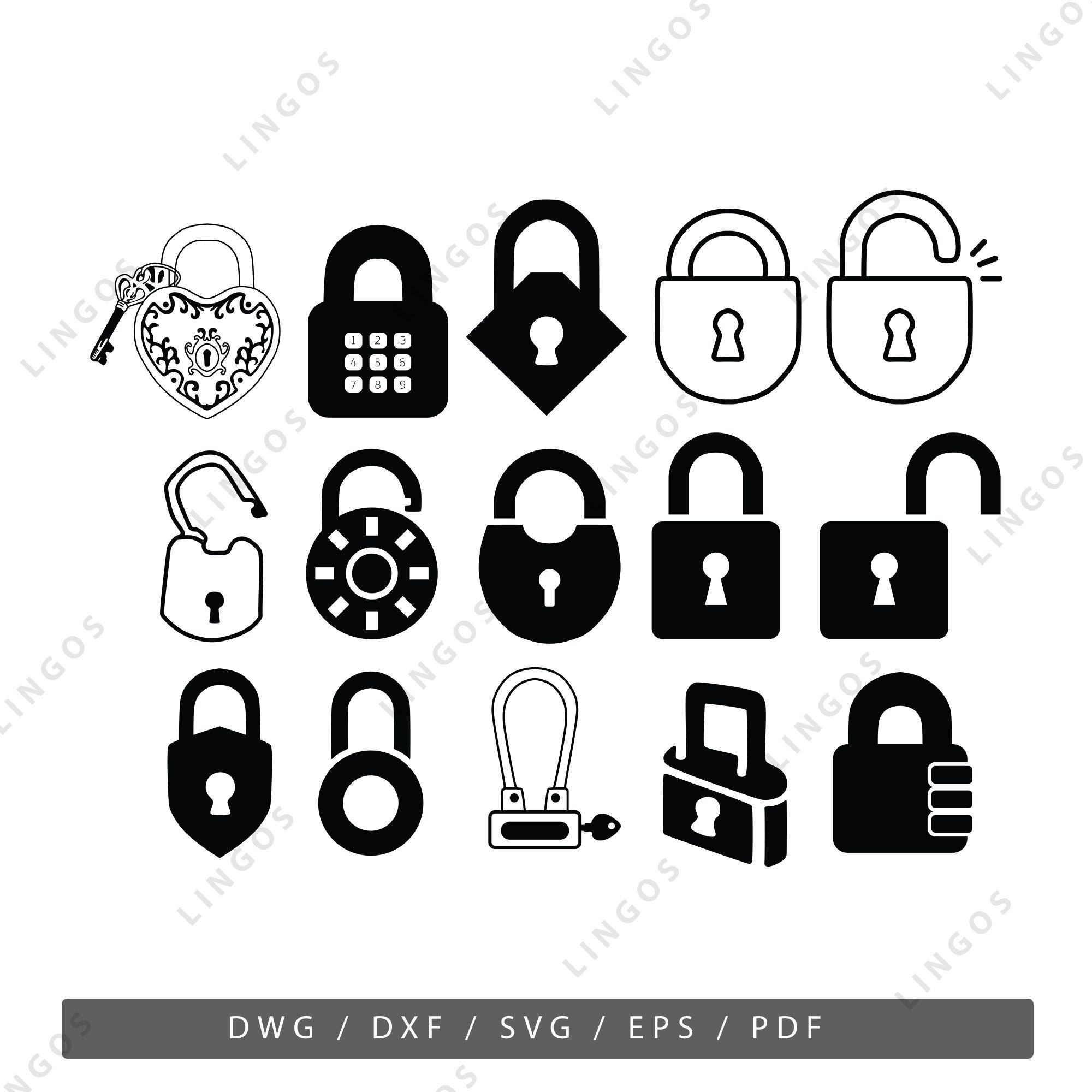 Lock SVG Bundle Key Vector Padlock DWG File Lock Silhouette - Etsy UK