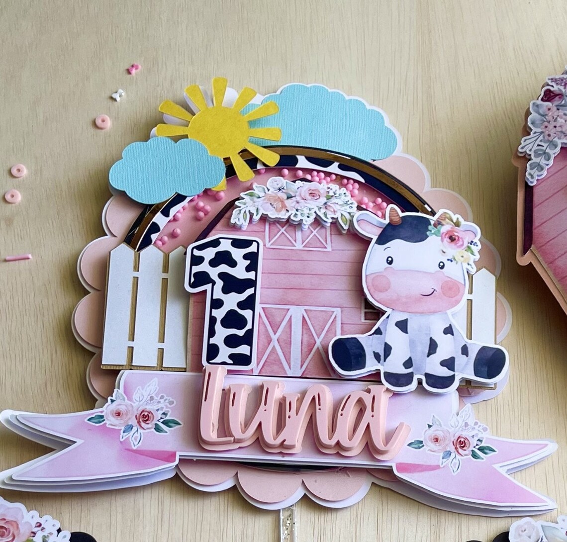 Holy Cow I'm One- Pink Farm Cake Topper- Farm Animal Cake Topper- Pink ...
