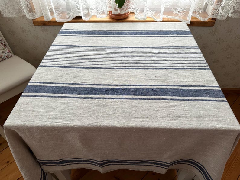 Heavy Linen Tablecloth : French Striped Rustic Style, OEKO-TEX ...