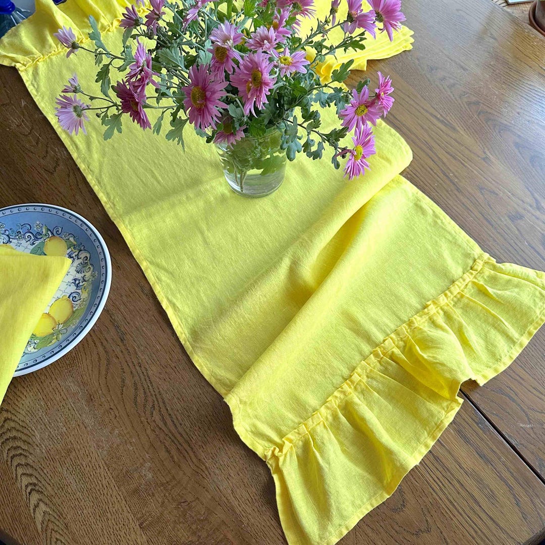 Yellow Linen Table Runner With Ruffles Ruffled Linen Table Runner Linen ...