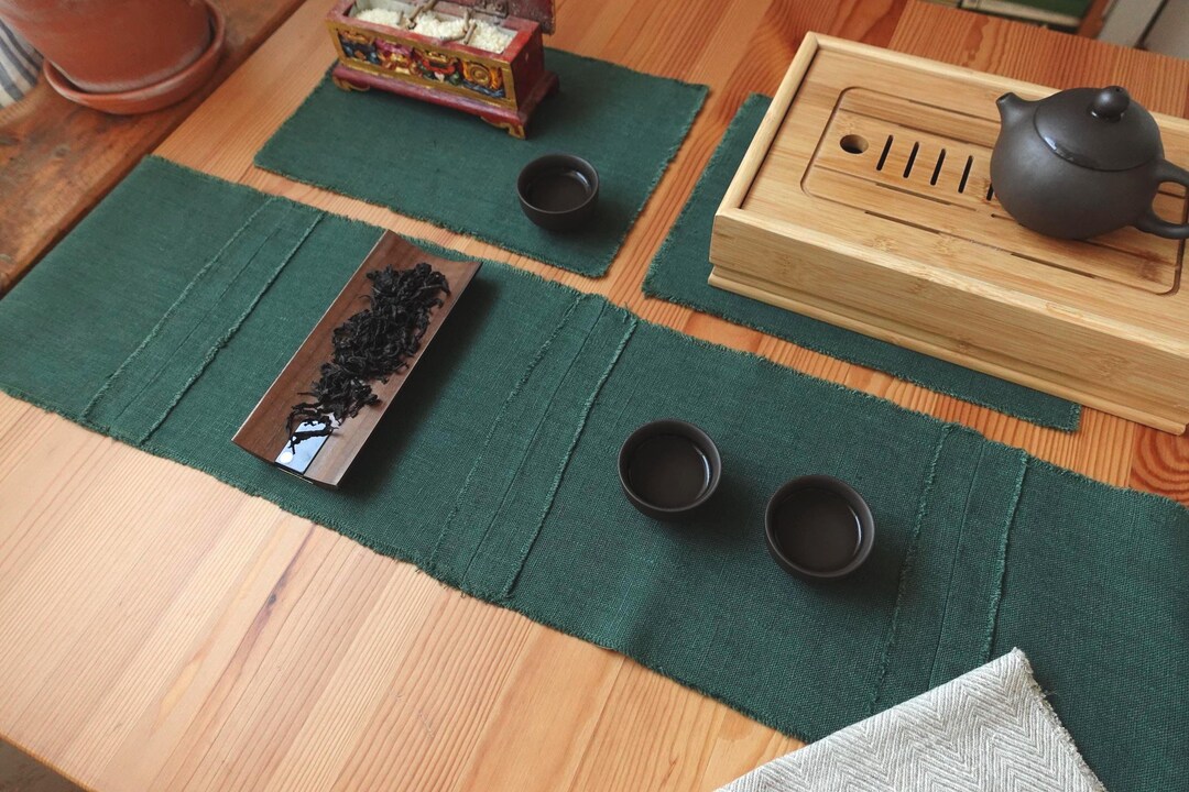 Linen Tea Runner Chabu Ceremonial Tea Mat in Bottle Green Linen Wabi ...