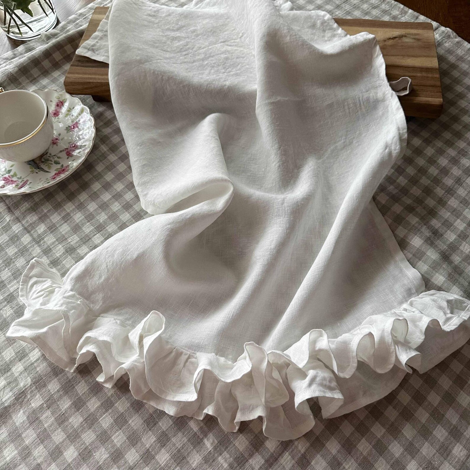 Linen Ruffle Tea Towel Kitchen Linen Towel Natural Linen Kitchen Towels ...