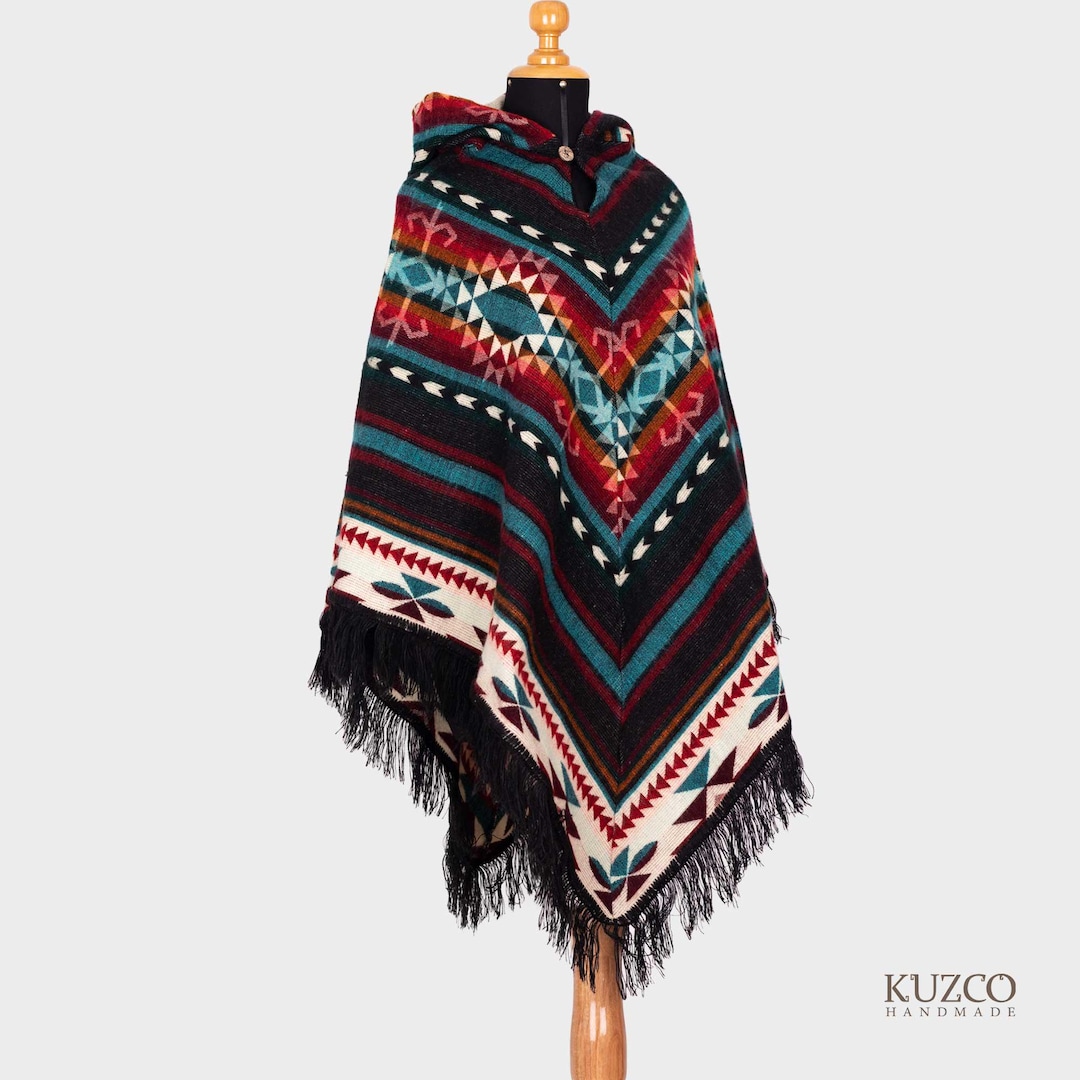 Native Poncho, Black American Tribal Style Poncho, Ecuadorian Poncho ...