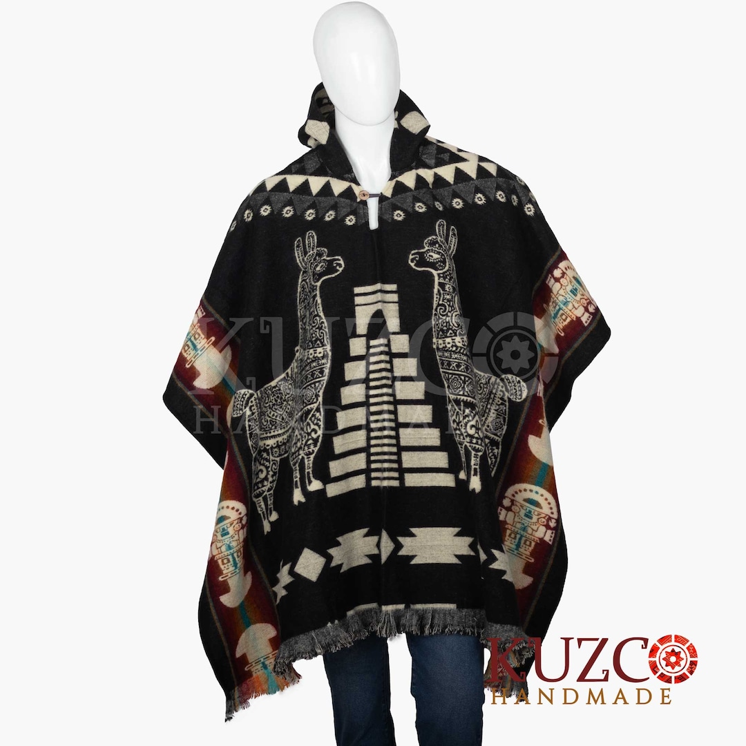 Black Tribal-style Alpaca Poncho, Unisex Alpaca Poncho, Unisex Poncho ...