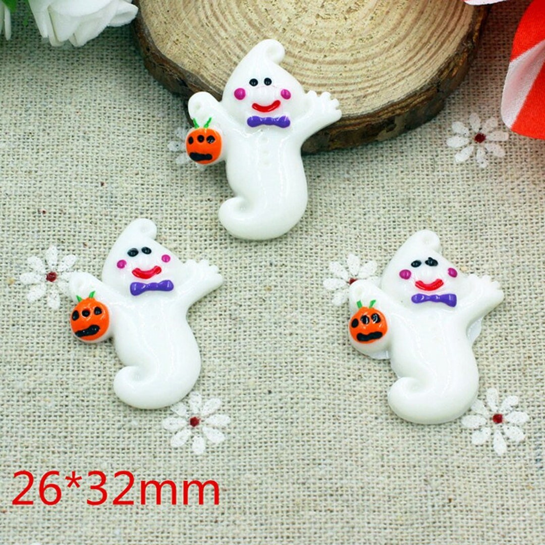 10 Pcs. Halloween Ghost W/ Pumpkin Resin Flat Backs, Flatback, Hair Bow ...