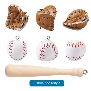 3 Pc Set 1 Baseball | 1 Wooden Bat | 1 PU Leather Mitt Sports Charms ...