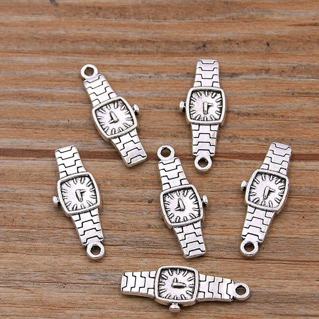10 Antique Silver Wrist Watch Charms: Alloy Clock Pendants (9x23mm ...