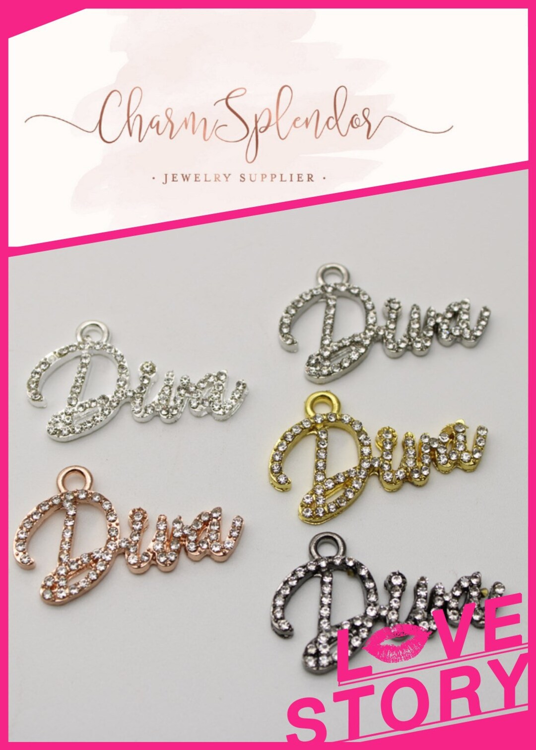 Diva Charm 1pc Wholesale Rhinestone Word Script Charms - Etsy UK