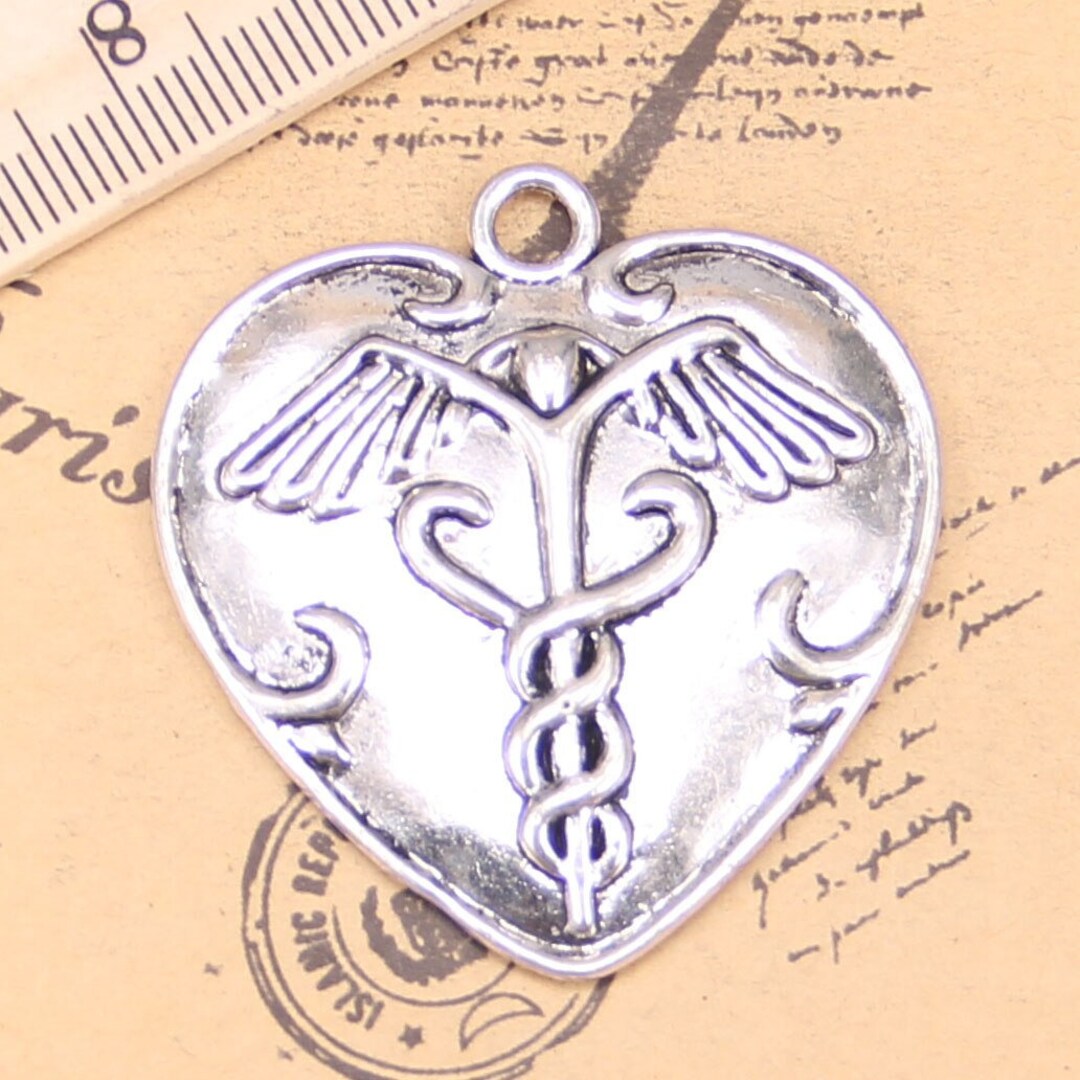 2 Antique Silver Caduceus Heart Charms: Medical Symbol Pendants ...