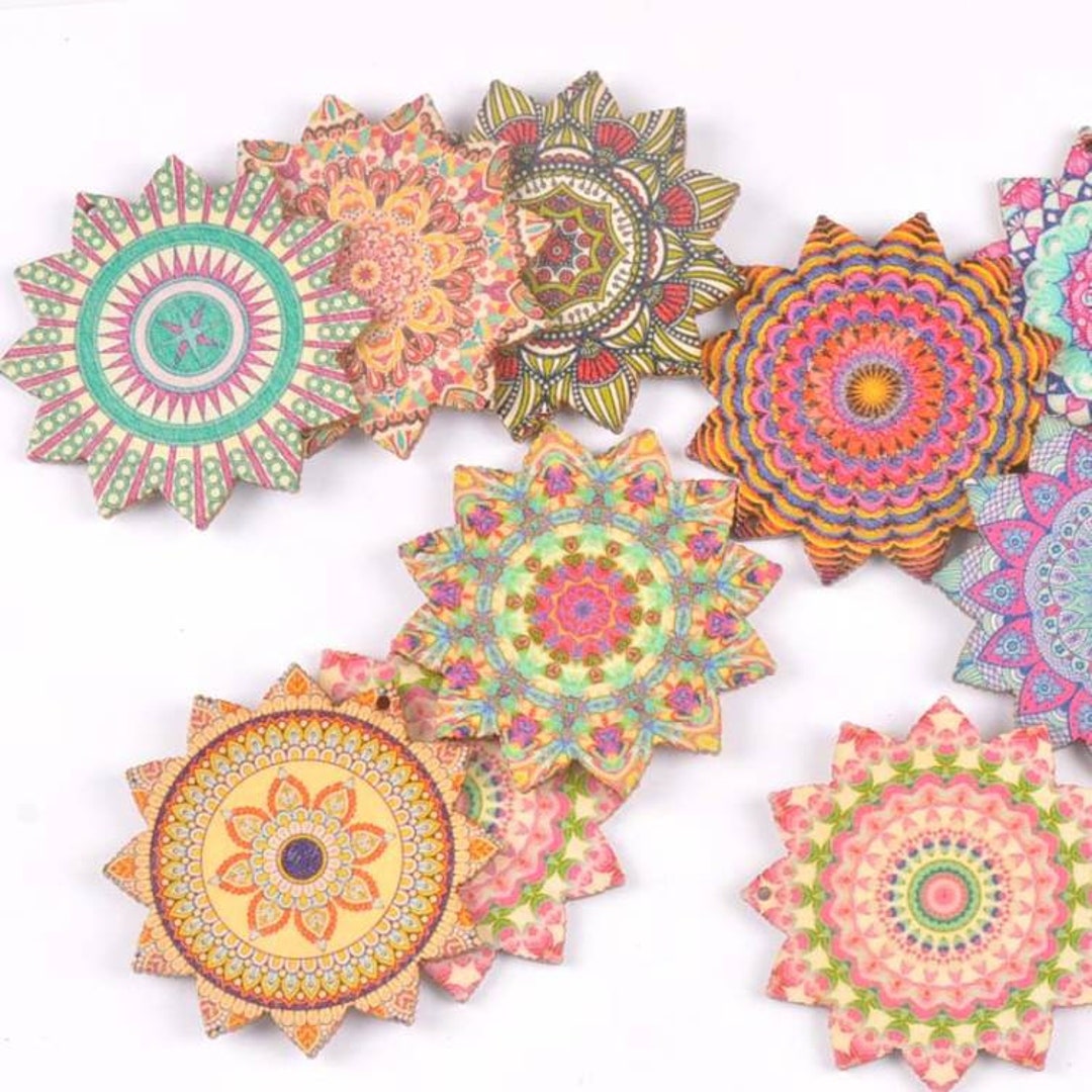 5 Pcs. Large Round Sun Burst Bohemain Boho Mixed Wooden Pendants ...
