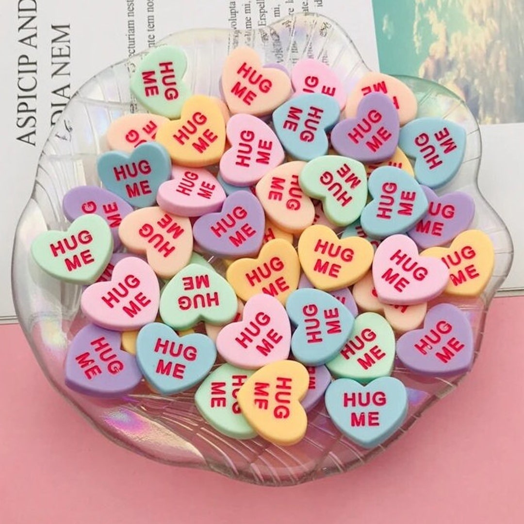 Hug Me Valentines Hearts Cabochon Flat Backs, Conversation Heart Candy ...