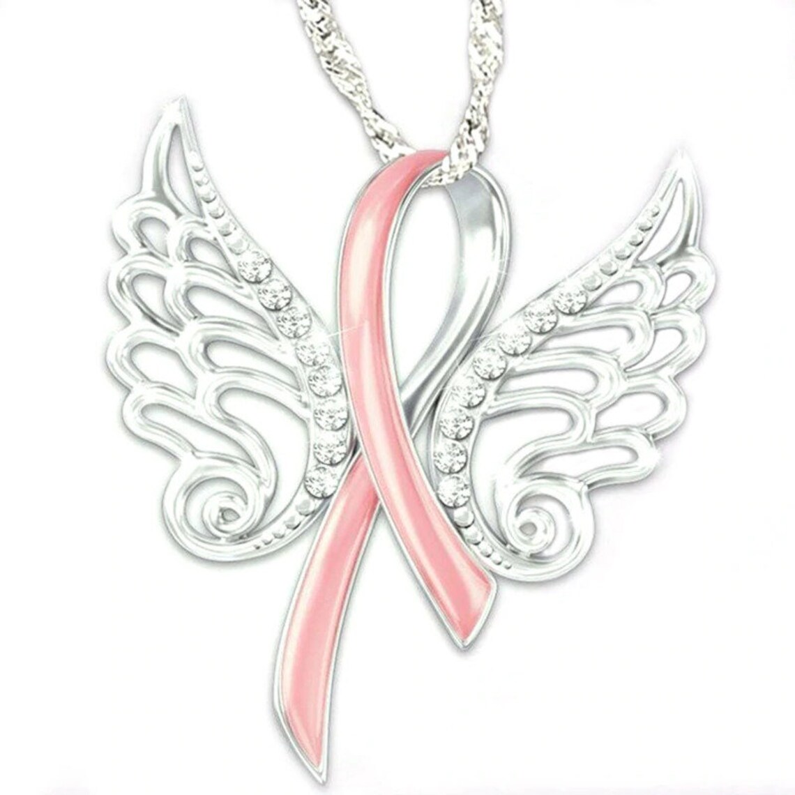 1 Pc. Rhinestone Angel Wings Enamel Pink Ribbon Charm - Etsy