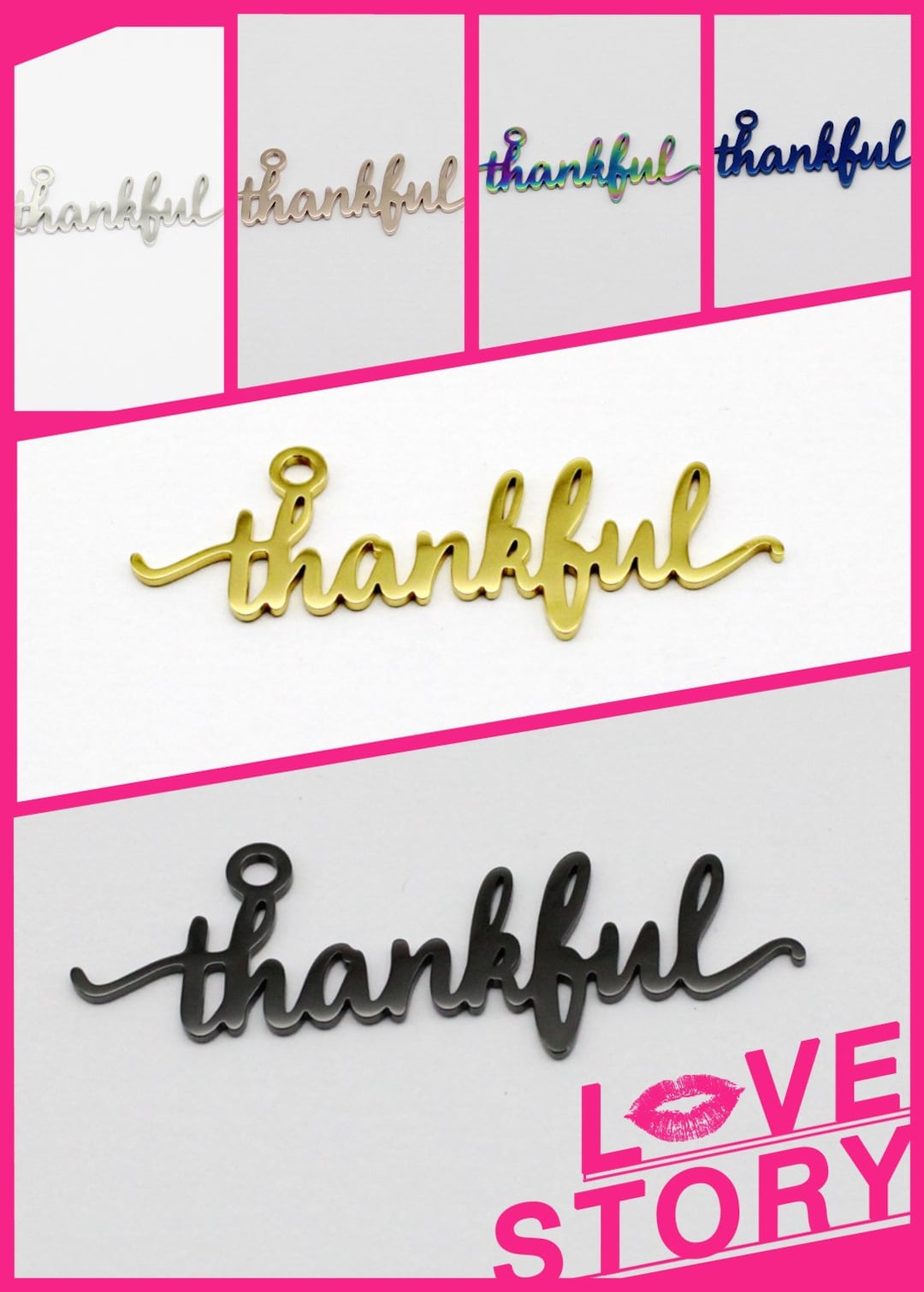 1 Pc WHOLESALE CHARMS | Thankful Stainless Steel Word Script Charm ...