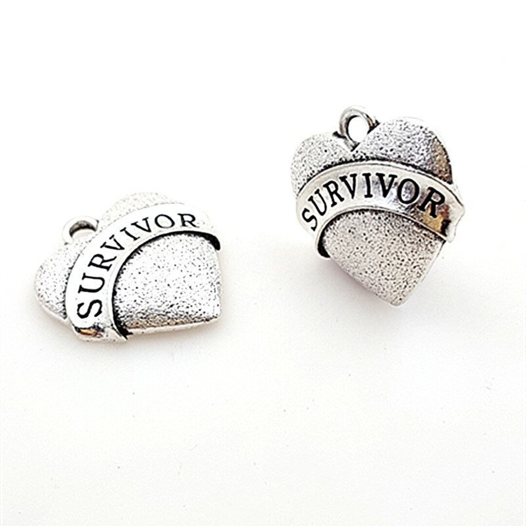 Survivor Heart Charms: Antique Silver Cancer Awareness Pendants (2 Pcs ...