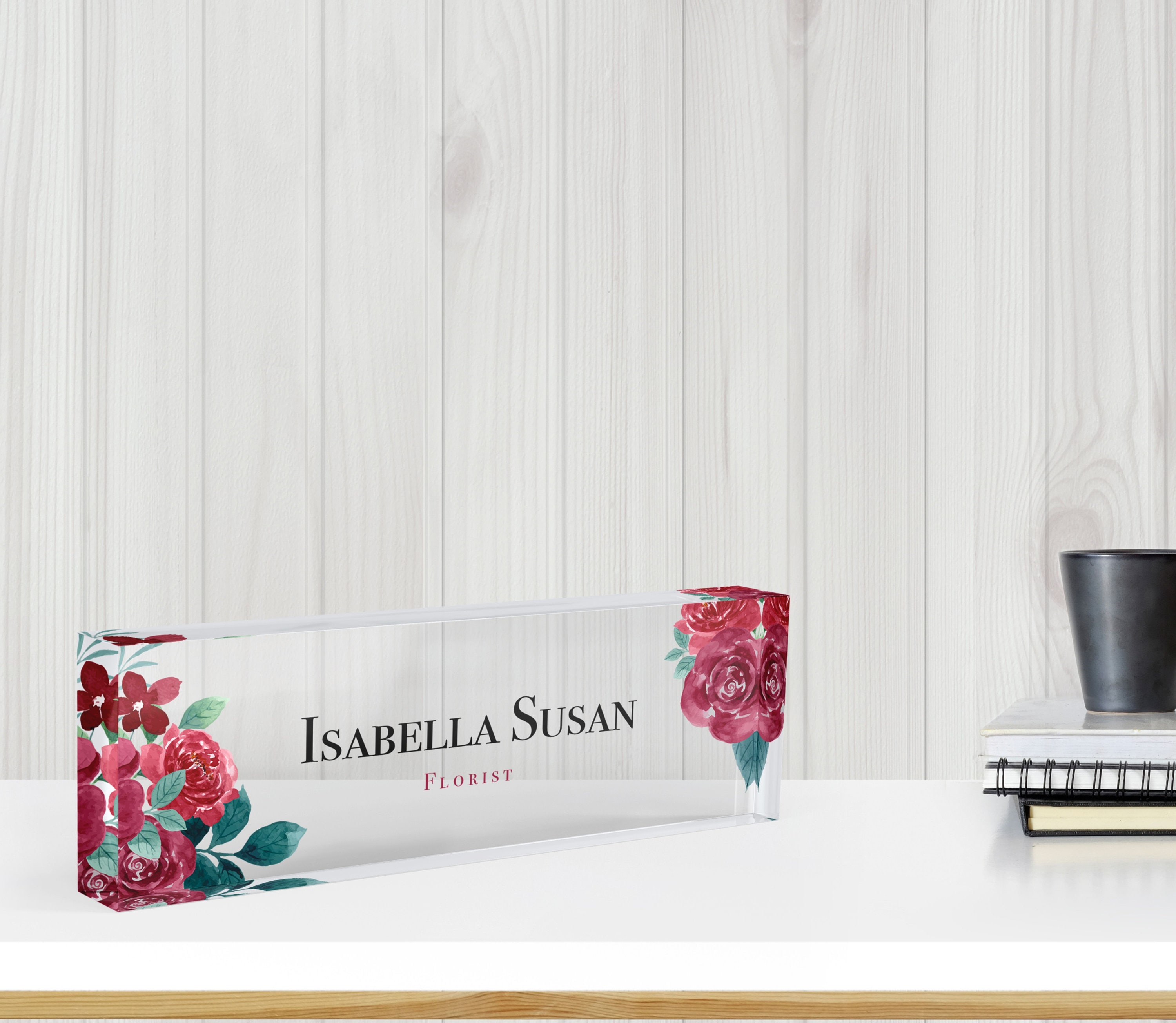 Personalized Name Plate for Desk, Red Flower Name Plate, Custom Clear ...