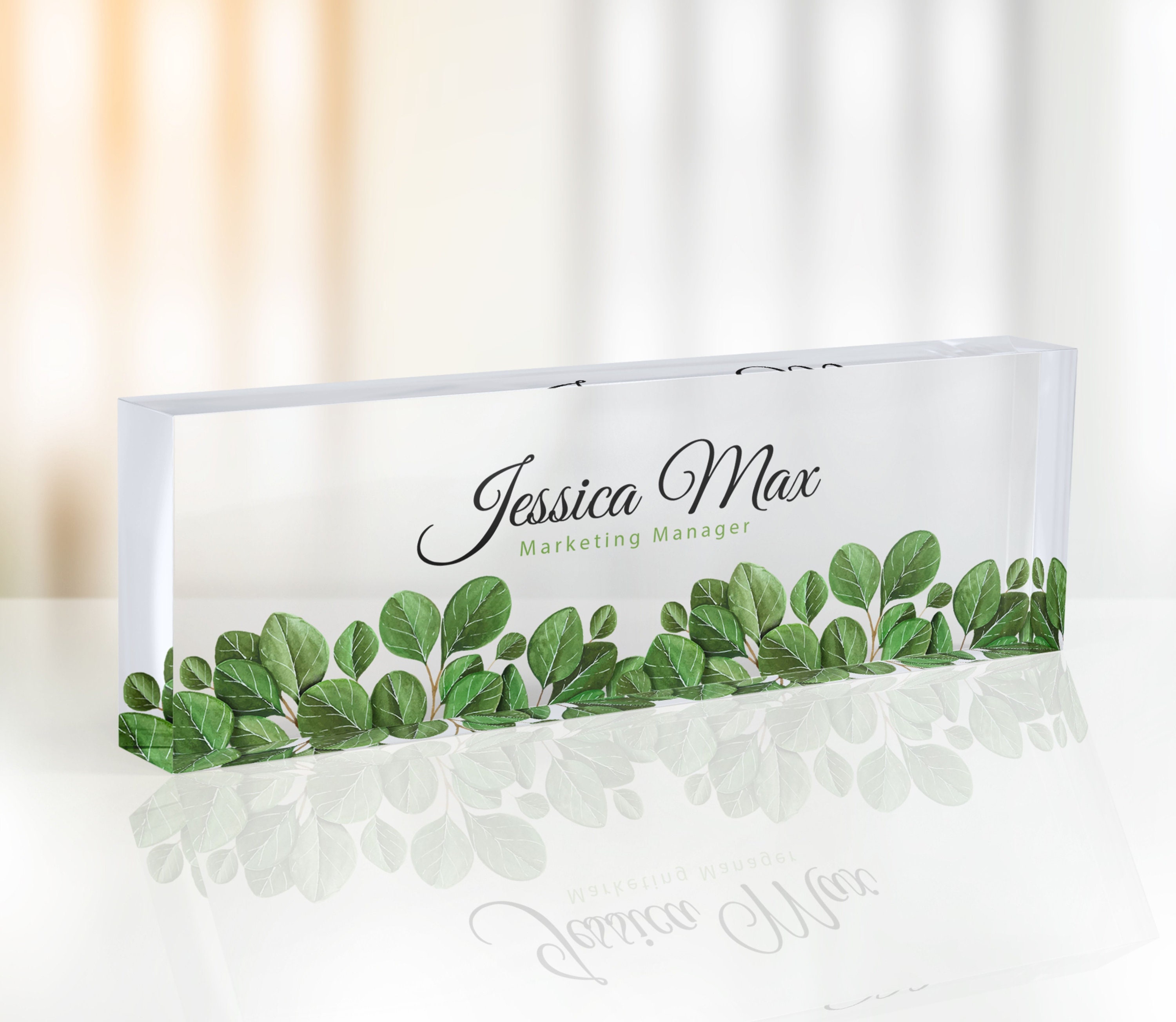 Green Leaf Acrylic Name Plate for Desk, Personalized Office Decor ...