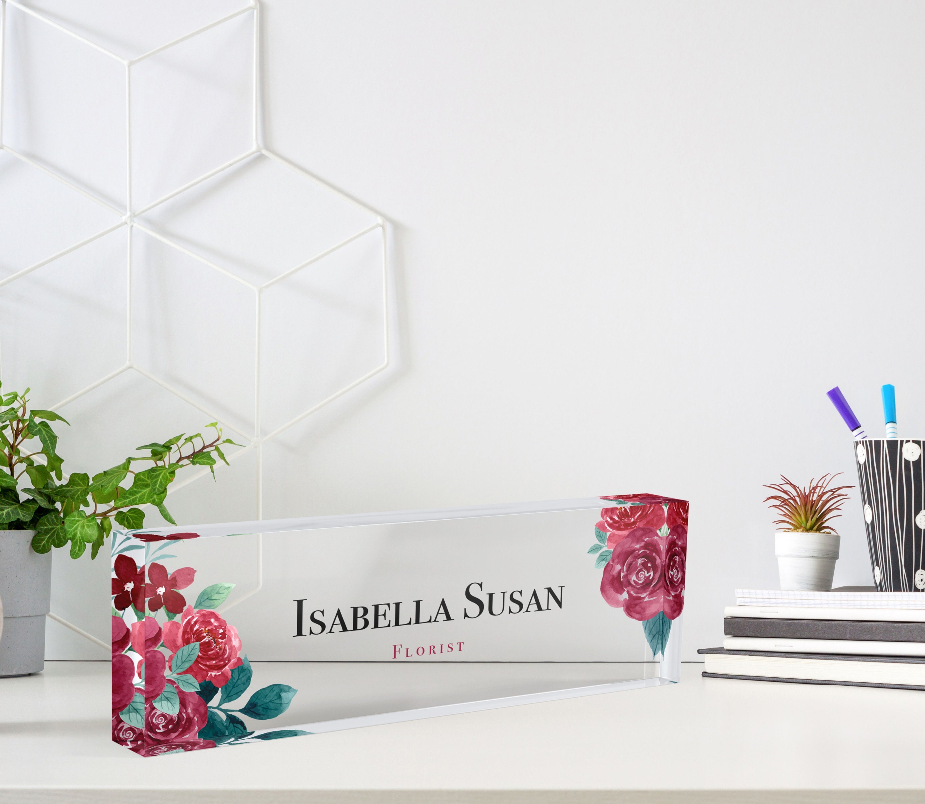Personalized Name Plate for Desk, Red Flower Name Plate, Custom Clear ...
