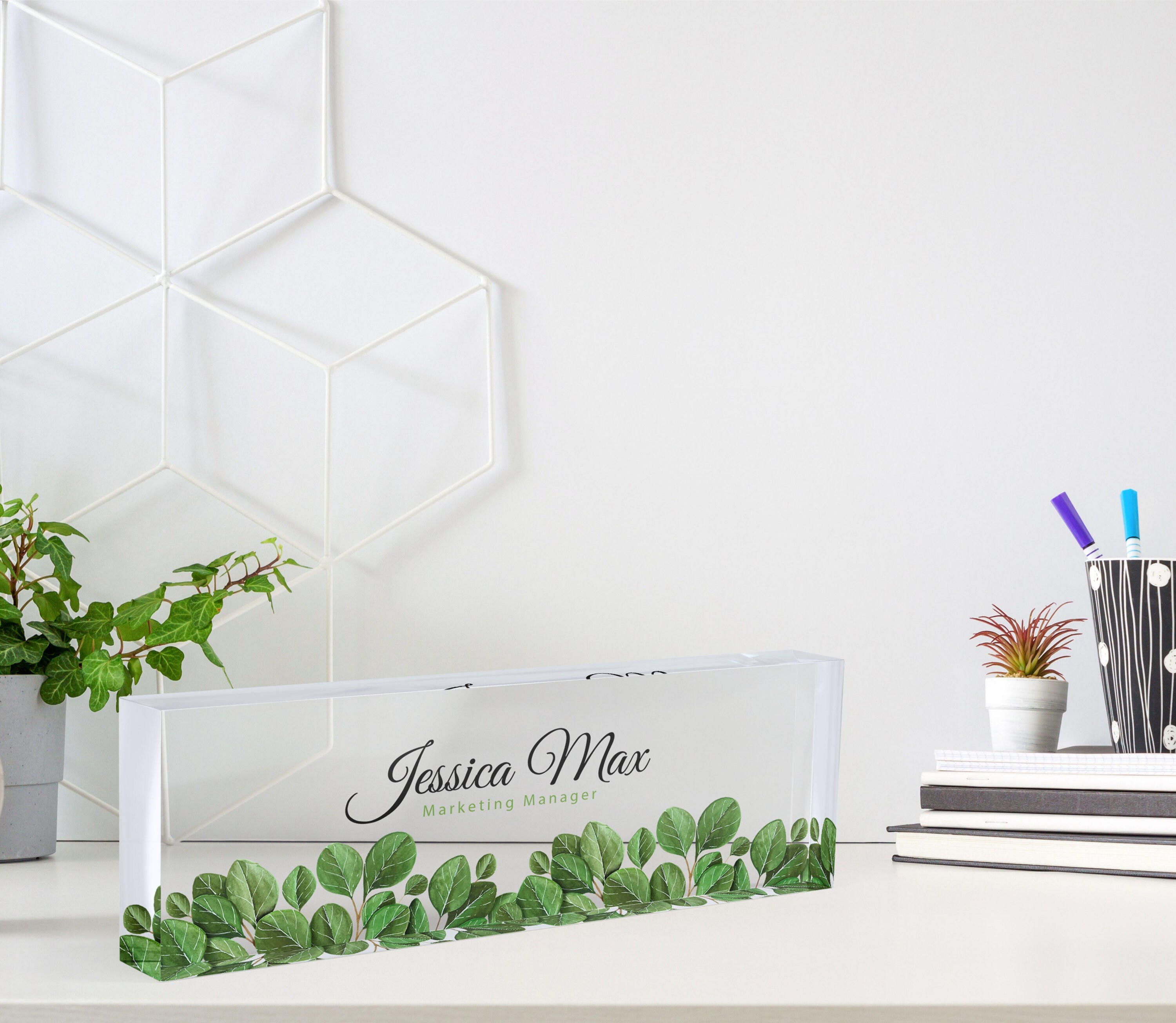 Green Leaf Acrylic Name Plate for Desk, Personalized Office Decor ...