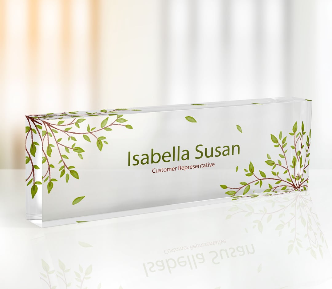 Green Leaf Name Plate for Desk, Green Leaves on Clear Acrylic, Office ...