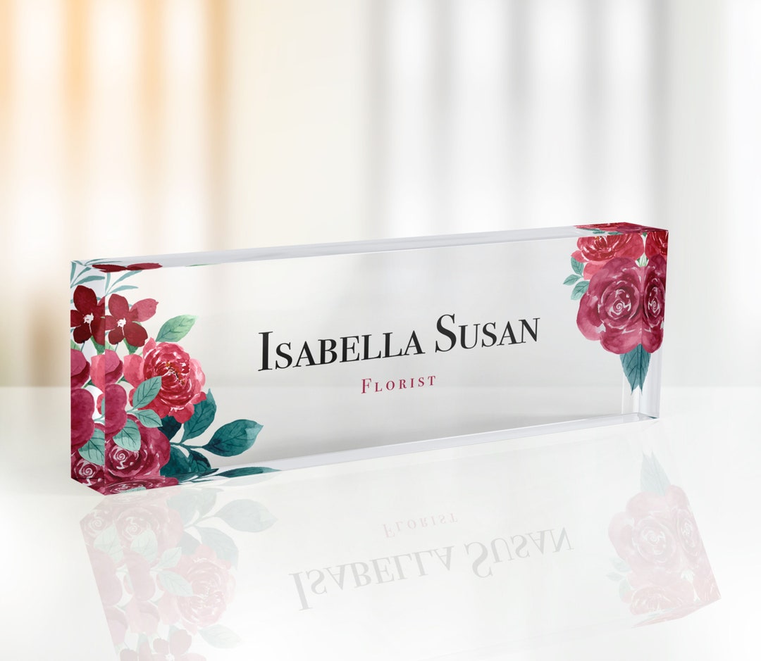 Personalized Name Plate for Desk, Red Flower Name Plate, Custom Clear ...
