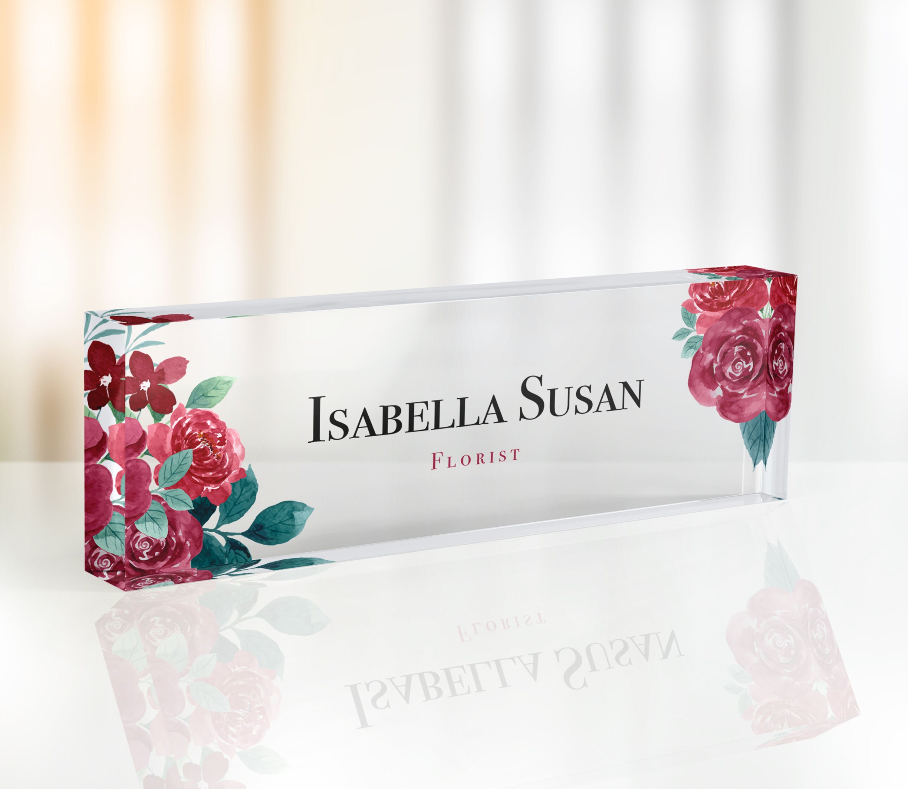 Personalized Name Plate for Desk, Red Flower Name Plate, Custom Clear ...