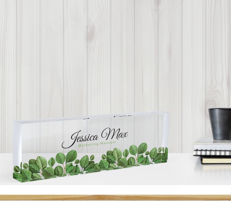 Green Leaf Acrylic Name Plate for Desk, Personalized Office Decor ...