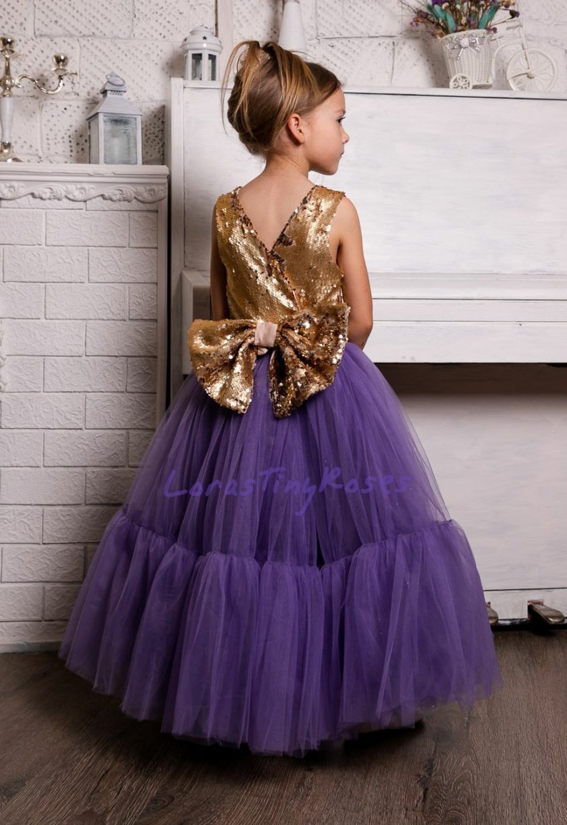 Gold Purple Girls Dress Sequin Princess Outfit Sleeveless Etsy