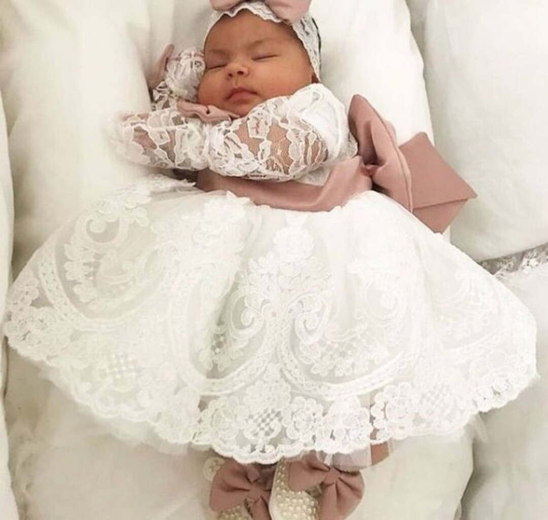 Christening Baby Dress Baptism White Dress Ivory Lace Baby Dress Christening Baby Long Sleeve ...