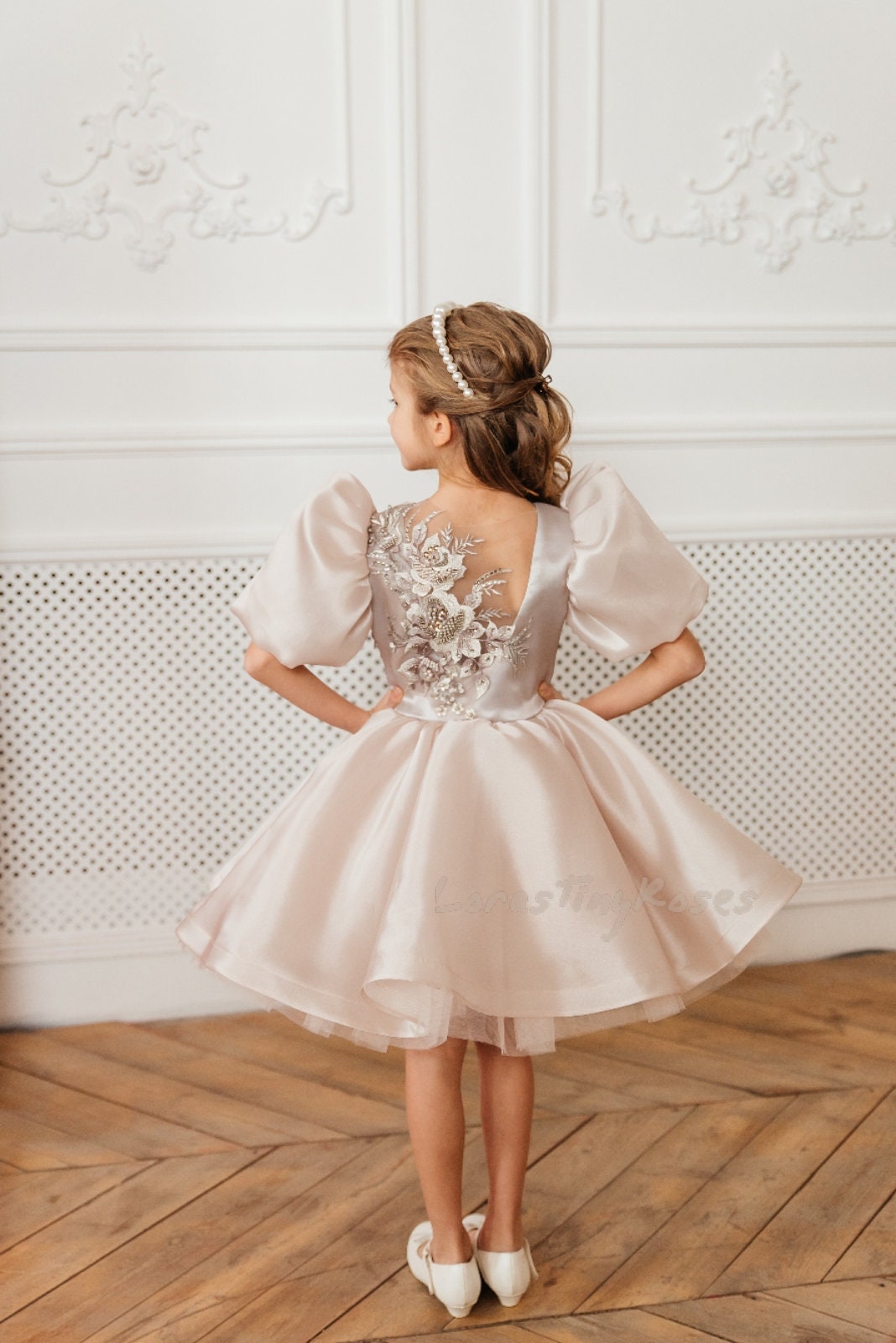 Beige Girl Dress, Pearl Organza Dress, Flower Girl Dress Beige, Wedding ...