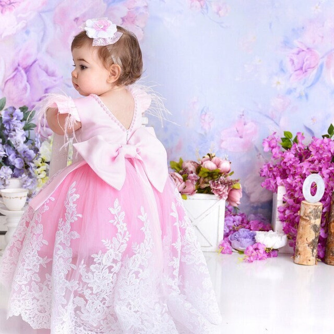 Baby 1st Birthday Dress With Train Event Pink Outfit for Baby Girl Pink ...