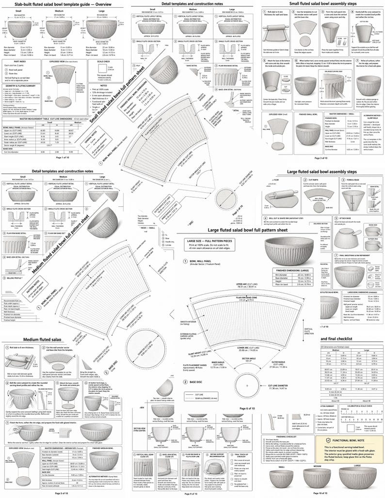 Fluted Salad Bowl Template, Slab Building Pottery PDF, 3 Sizes ...