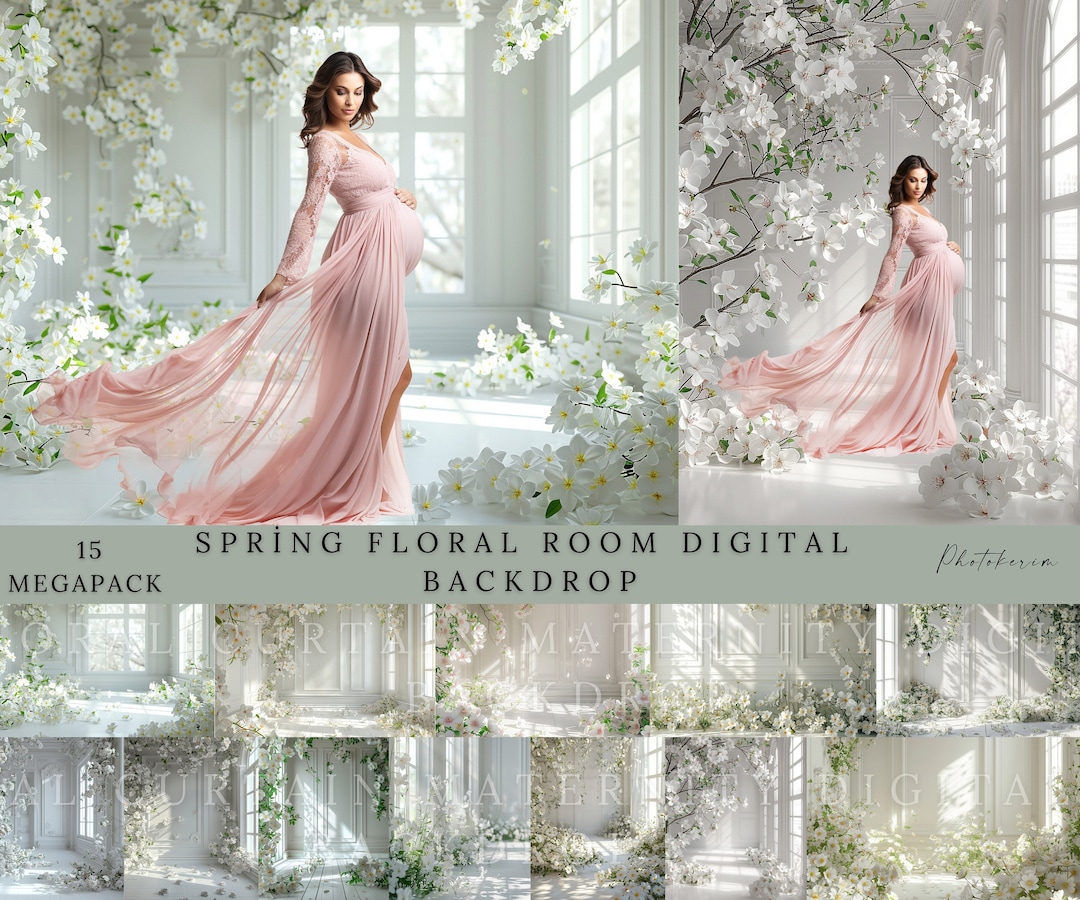 15 White Spring Floral Room Digital Backdrops Maternity Backdrop ...