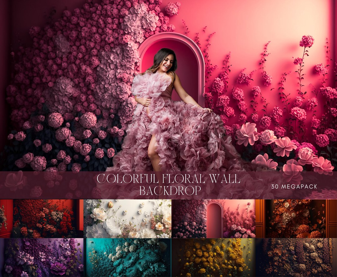 30X Multicolor Floral Wall Digital Backdrops, Maternity Backdrop ...