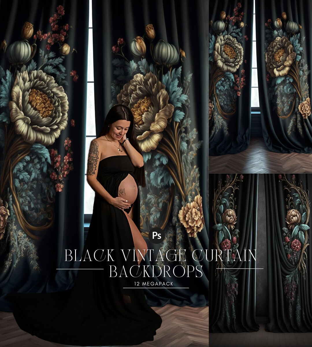 12 Black Vintage Sheer Curtain Wall Decor Background, Digital Backdrop ...