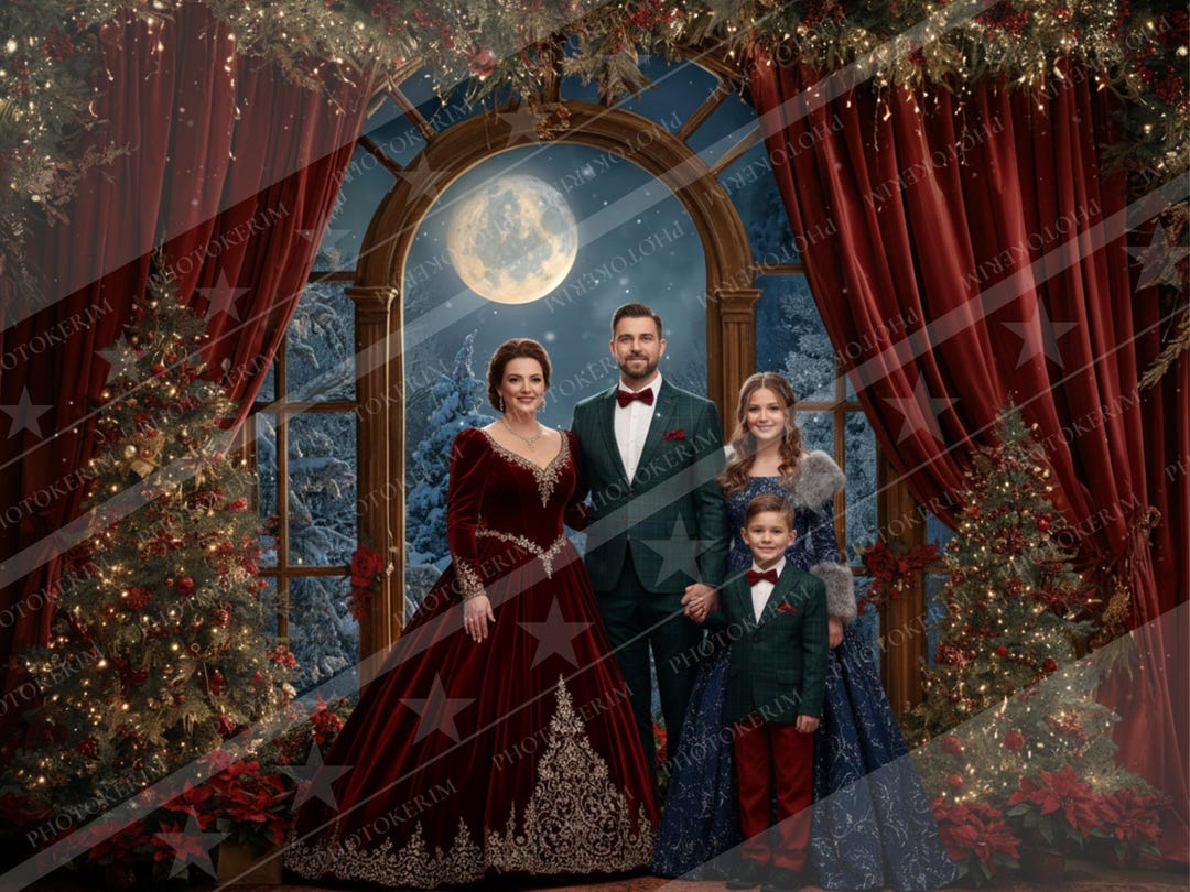 Moonlit Window With Red Curtains: Christmas Backdrop for Studio Minis ...