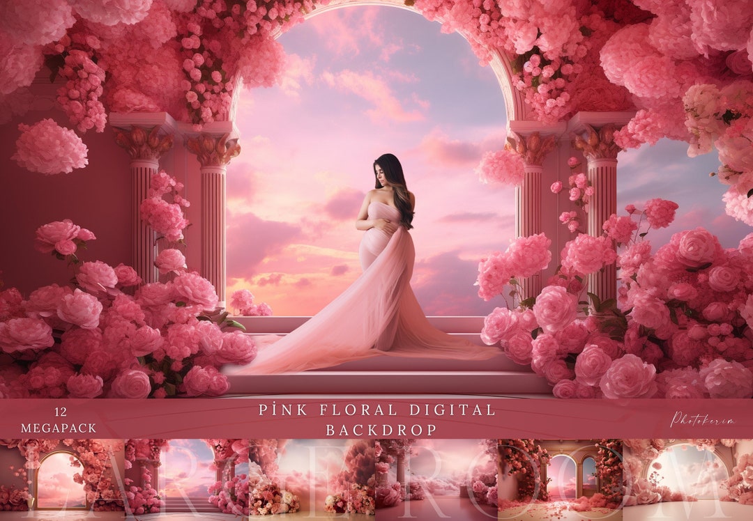 12 X Fantastik Pink Floral Digital Backdrops, Maternity Backdrop ...