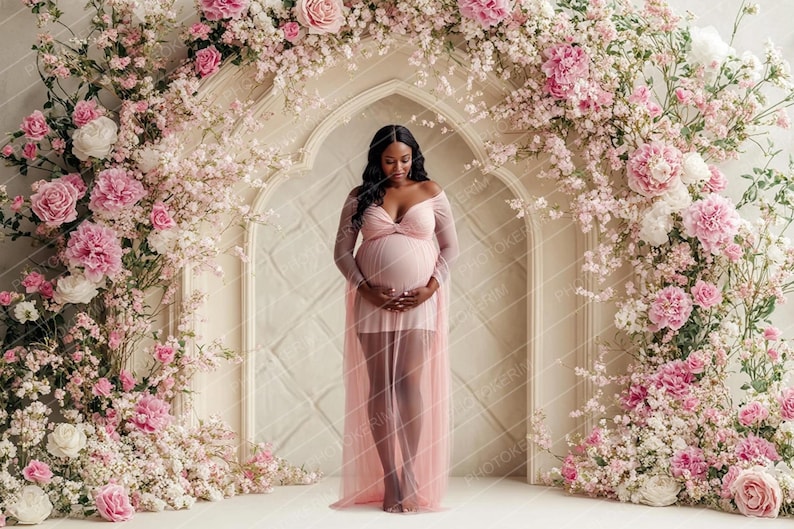 Pink Floral Arch Set, Maternity Backdrop, for Portraits, Studio Floral ...