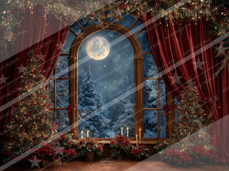 Moonlit Window With Red Curtains: Christmas Backdrop for Studio Minis ...