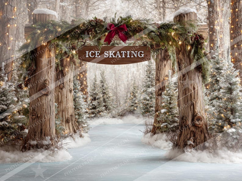 Ice Skating Forest Backdrop, Winter Christmas Backdrop, Snowy Tree ...