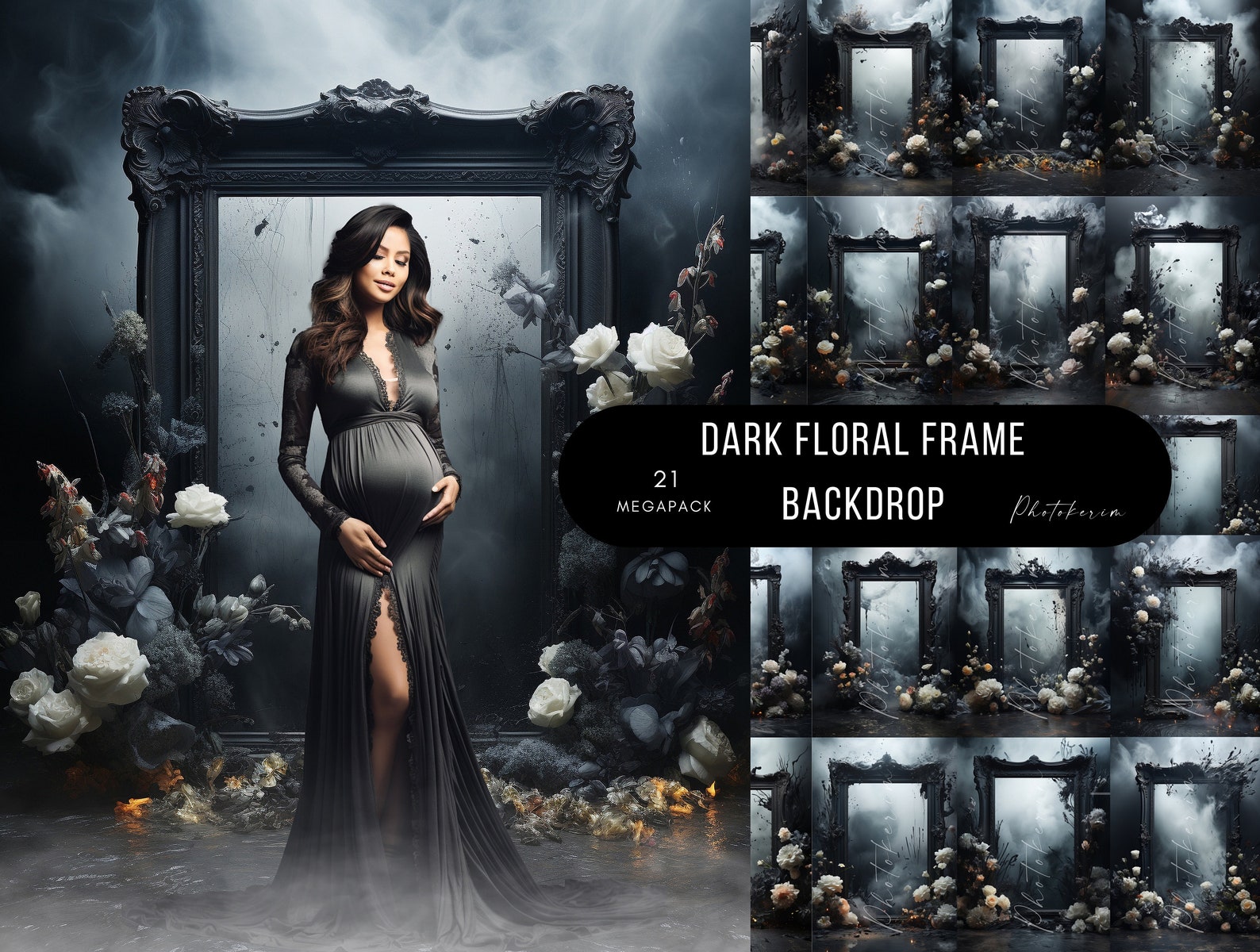 Foggy Dark Frame Flowery Large Digital Backdrop Maternity Overlays ...