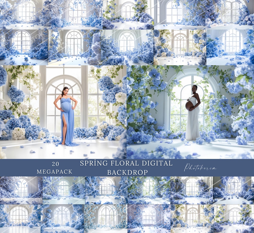 Spring Floral Maternity Digital Backdrop, Blue Flower Pregnancy ...