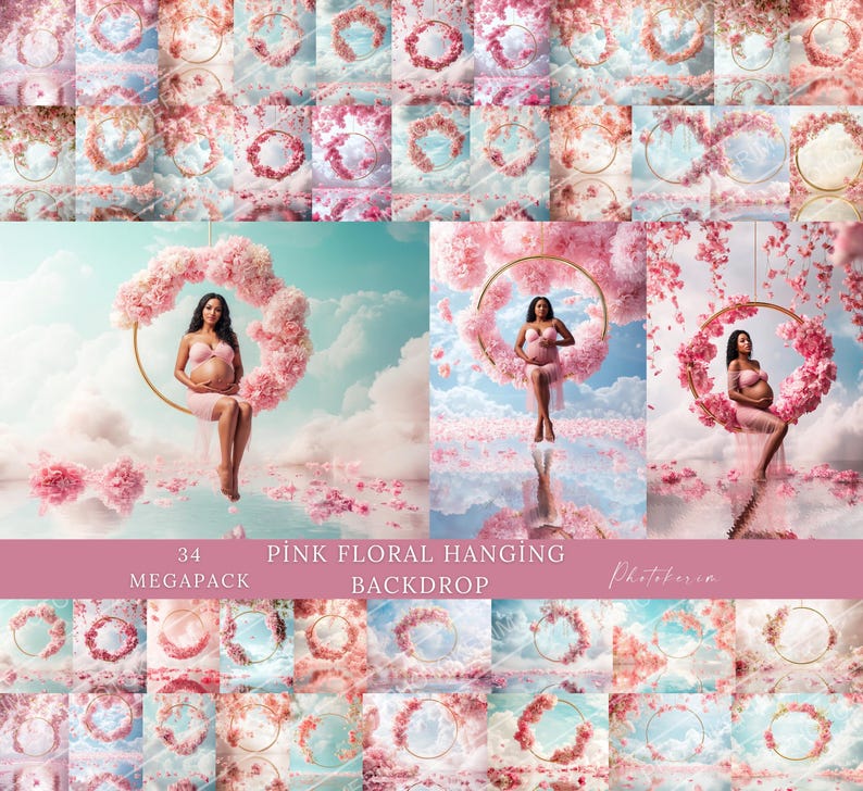 Pink Floral Swing, Maternity Backdrop, for Portraits, Cloud Sky ...