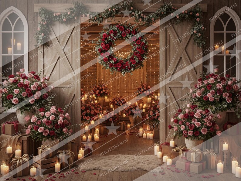 Valentine Photo Backdrop Jpg, Rustic Barn Door, Rose Wreath ...