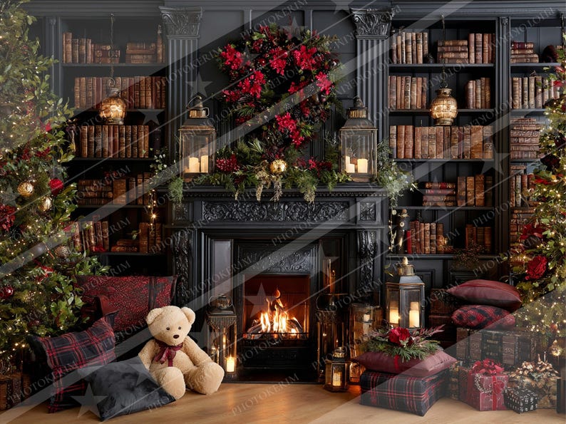 Cozy Christmas Library Fireplace: Photo Backdrop for Portraits, Holiday ...