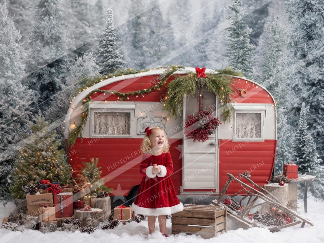Red Camper Christmas Backdrop, Christmas Trailer Backdrop, Snowy Tree ...