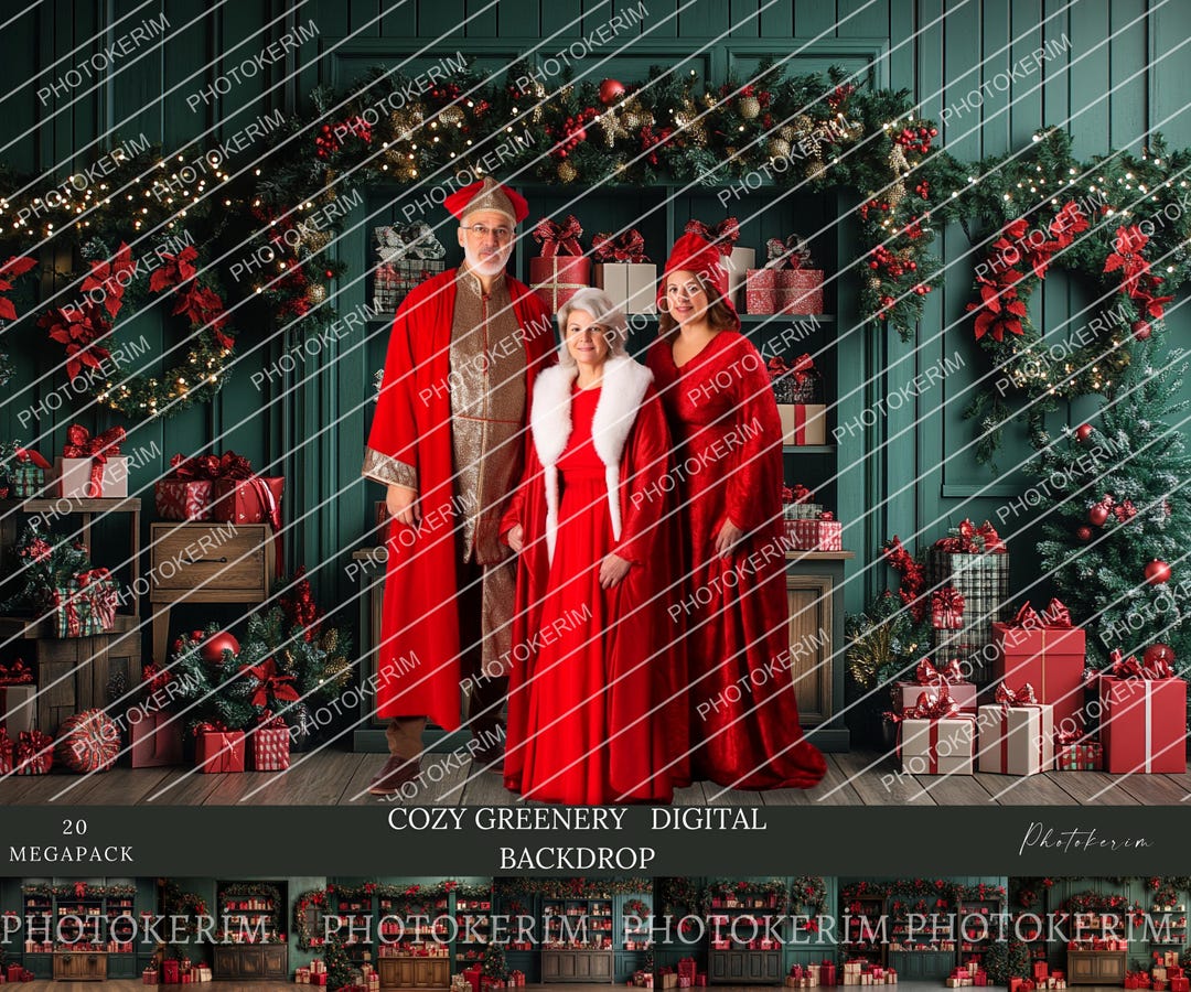 Christmas Backdrop for Family Portraits, Cozy Green Garland Staircase ...