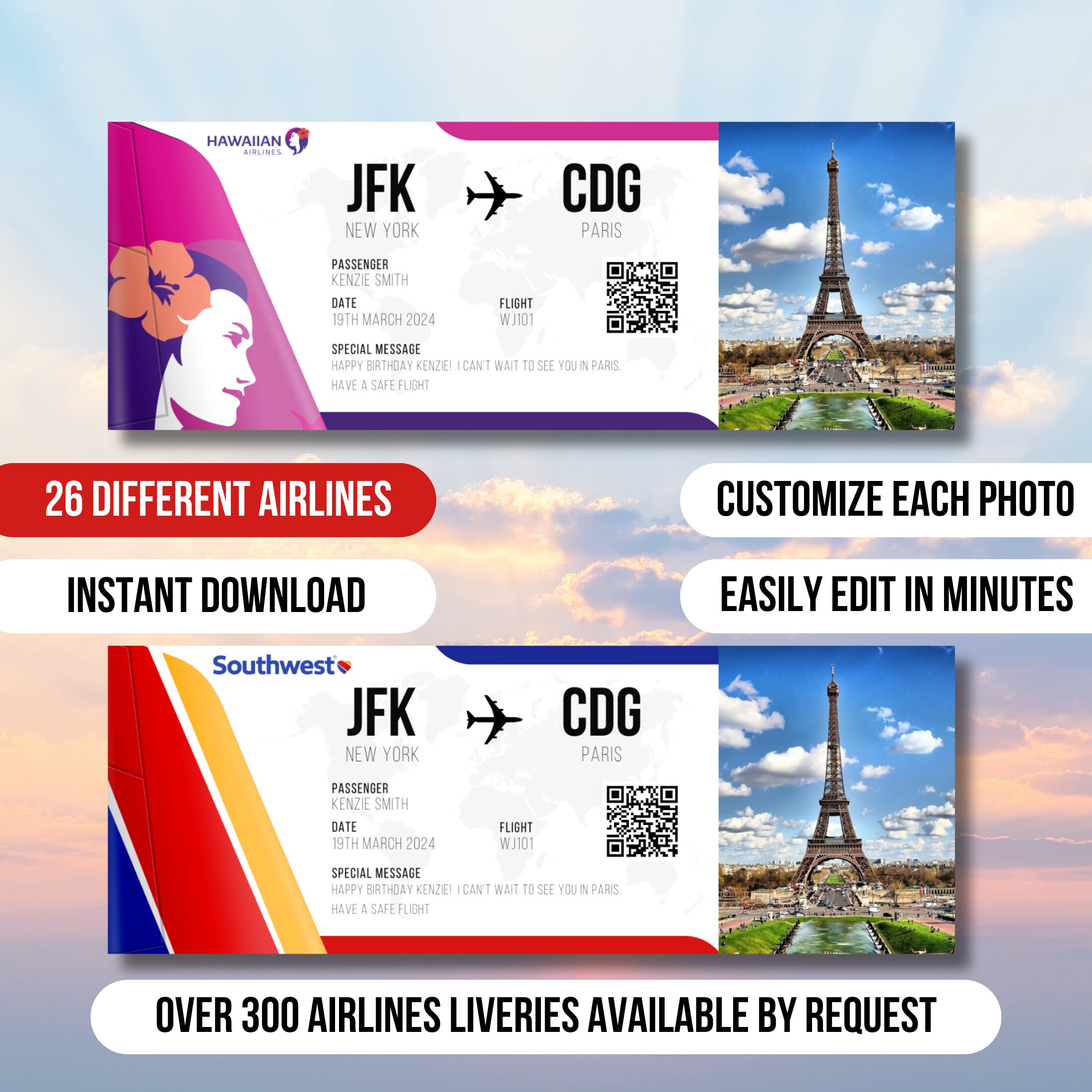 Editable Boarding Ticket Template, Surprise Airline Gift, Modern Design ...