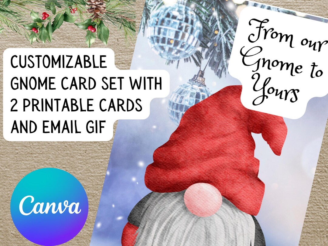 Christmas Gnome Printable Card Set - Editable Holiday Greeting on Canva ...