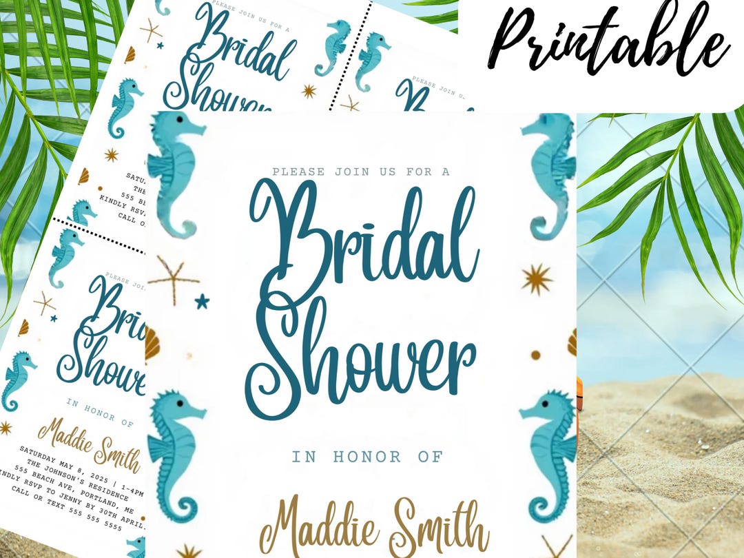 Editable Beach Themed Bridal Shower Invitation Template | Coastal Theme ...