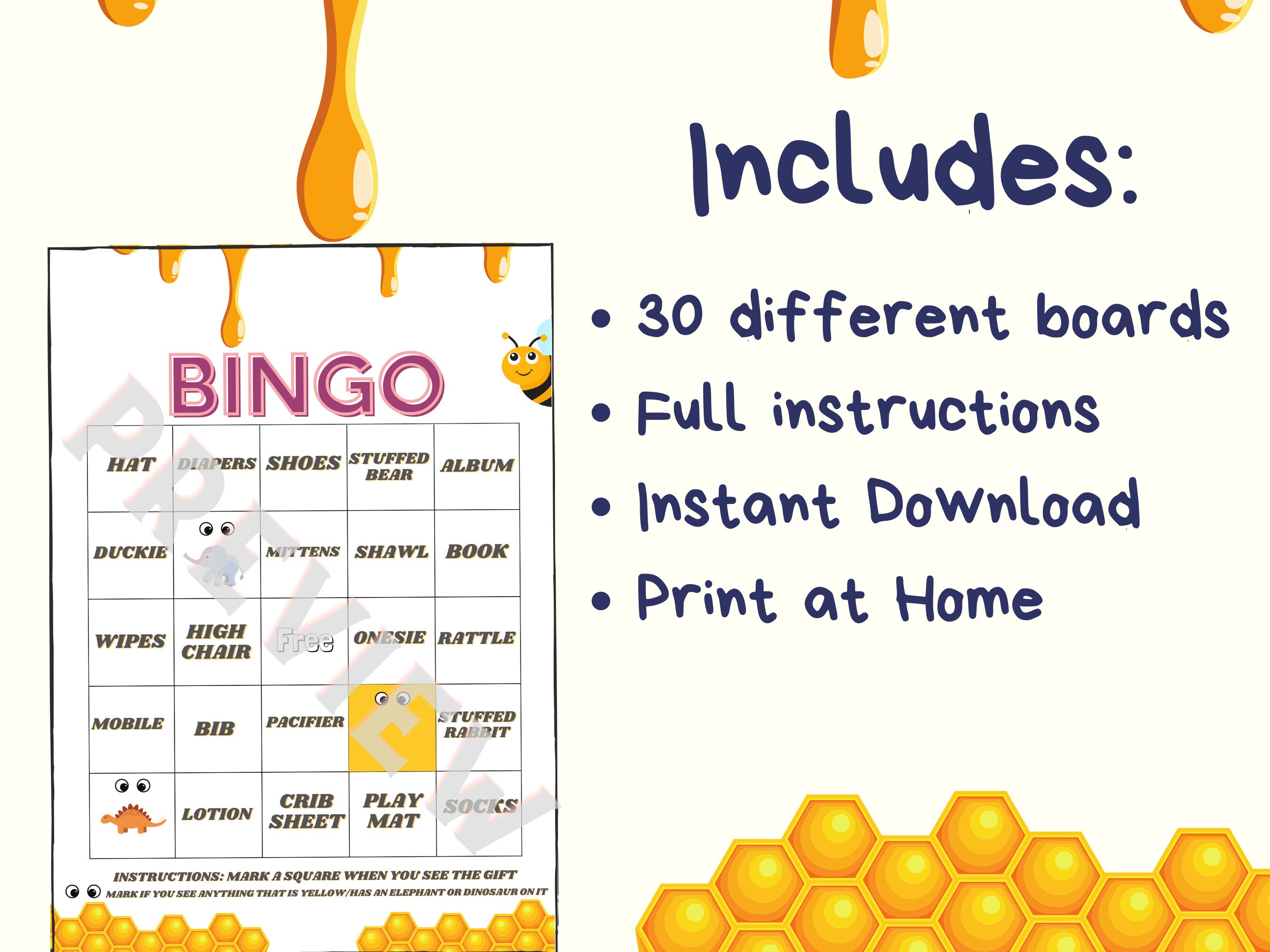 Baby Shower Bee Bingo Printable Game